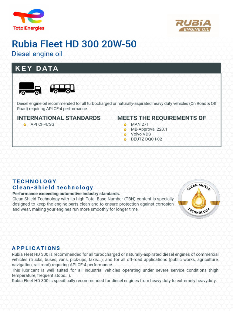 TDS TotalEnergies Rubia Fleet HD 300 20W 50 AWB en | PDF | Motor Oil ...