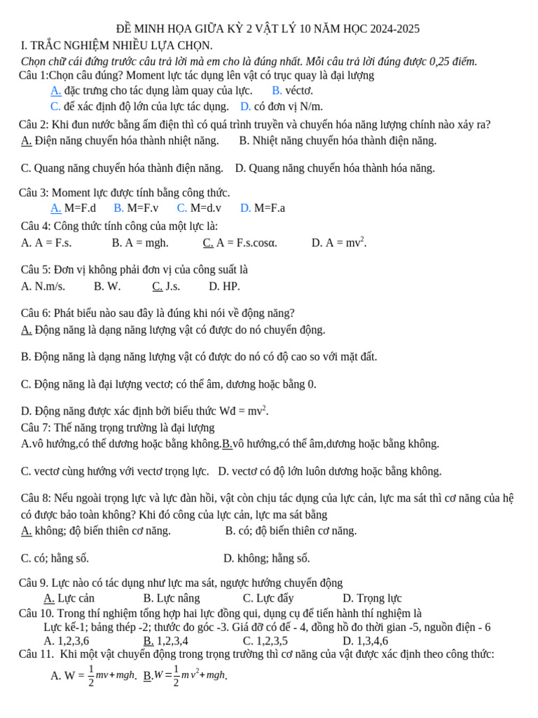 ĐỀ MINH HỌA GK2 VẬT LÝ 10 NĂM HỌC 2024 2025 | PDF