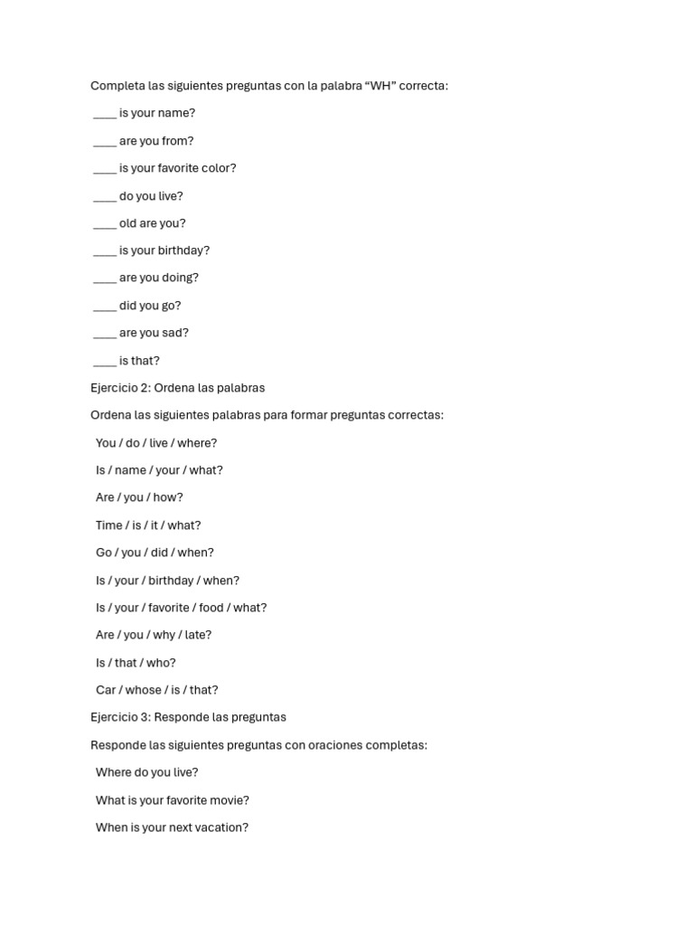 Wh question words exercises (1) | PDF