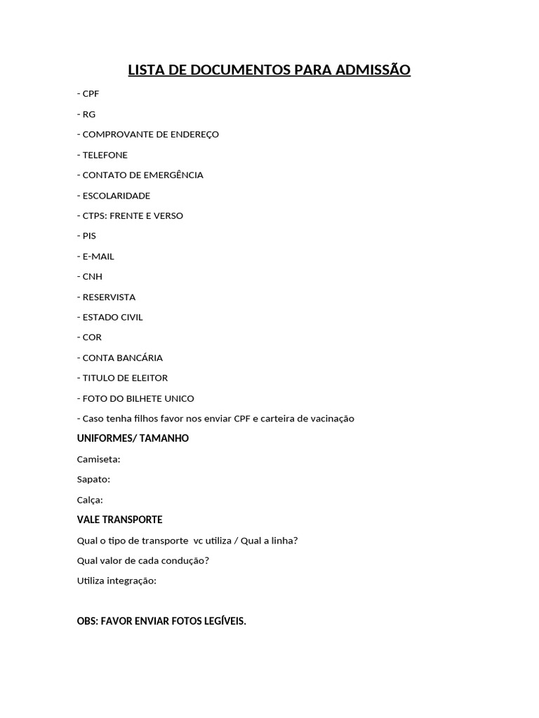 Lista de Documentos Para Admissão Atualizada (3) (5) (11) | PDF