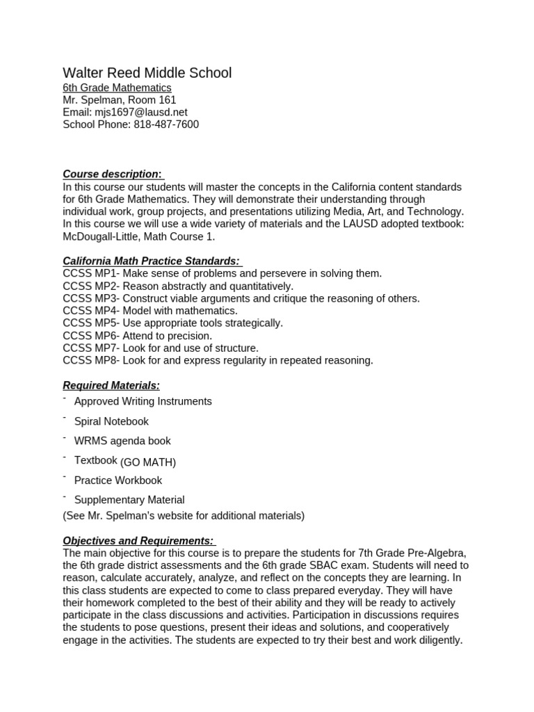Reed MS 6th Grade Math Syllabus-2 (1) | PDF | Mathematics | Reason