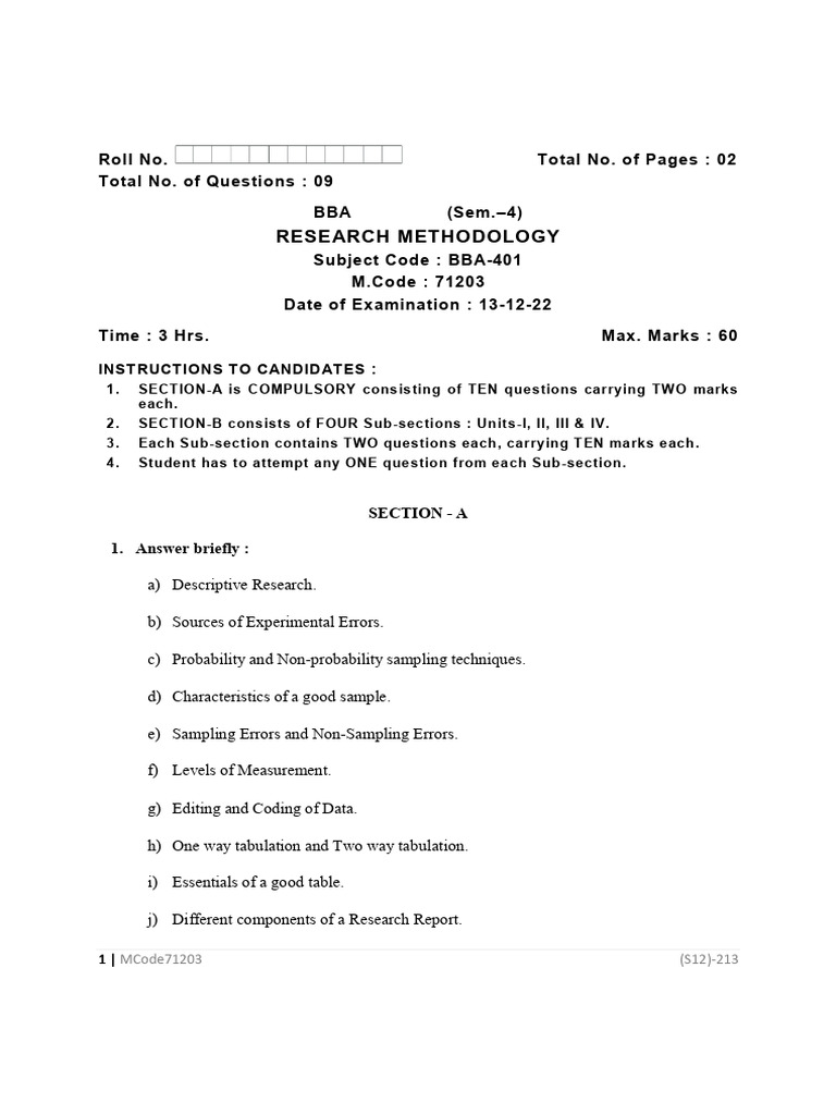 Bba 4 Sem Research Methodology 71203 Dec 2022 | PDF | Sampling (Statistics) | Scientific Method
