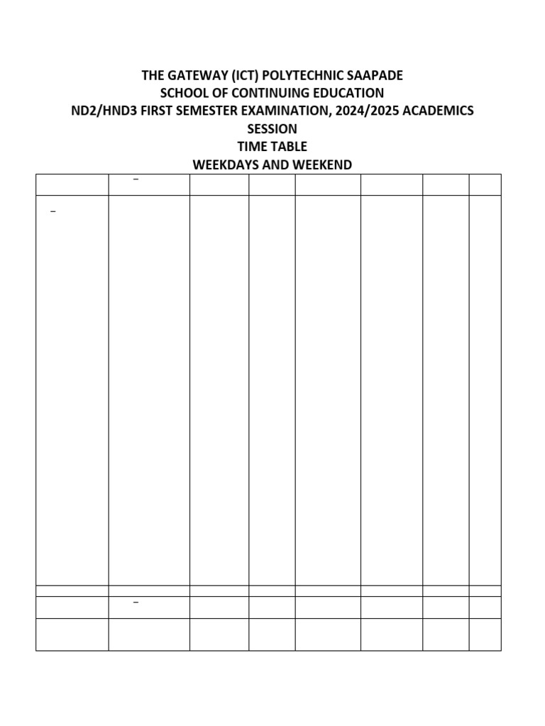 First Semester Exam Time Table For Weekdays & Weekend Nd2 - Hnd2 24-25 | PDF