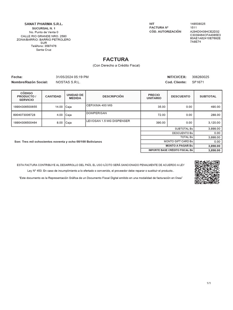 Factura de Domperisan y Cefixima | PDF