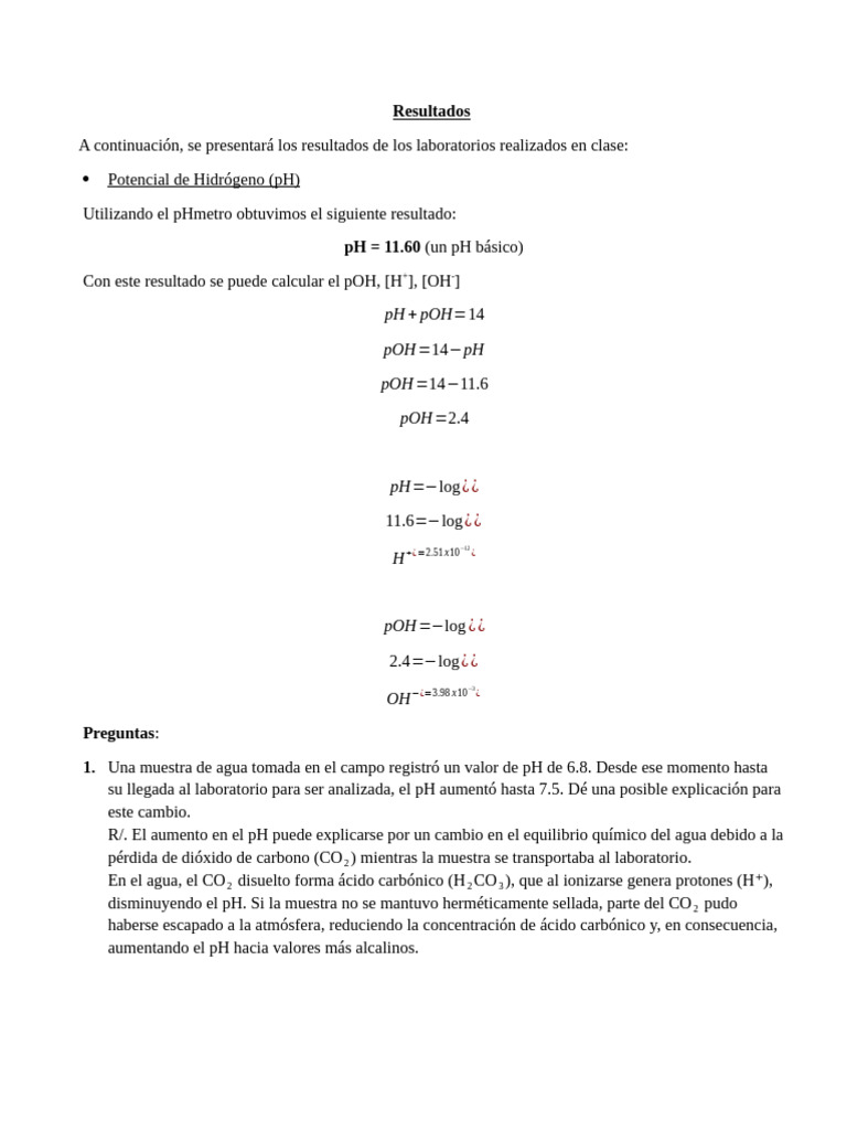 Resultados Lab 1 Mediciones Hidrologicas | PDF | Ph | Agua