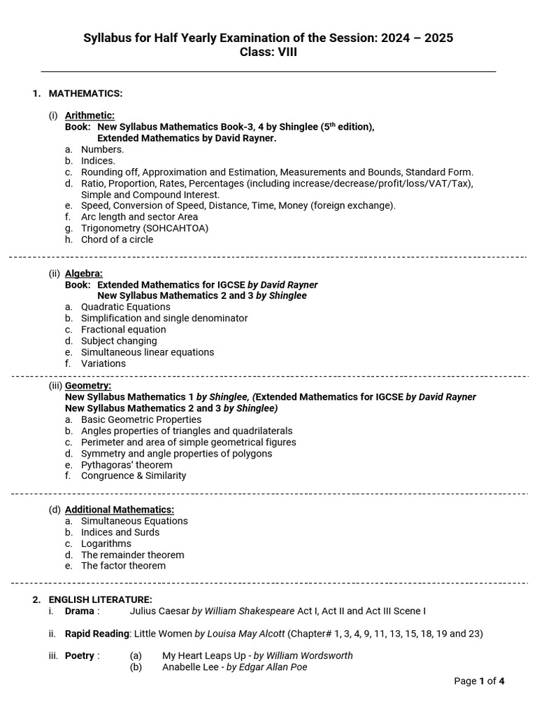 Class 8 Half Yearly Syllabus 2024-25 | PDF | Chemical Compounds | Molecules