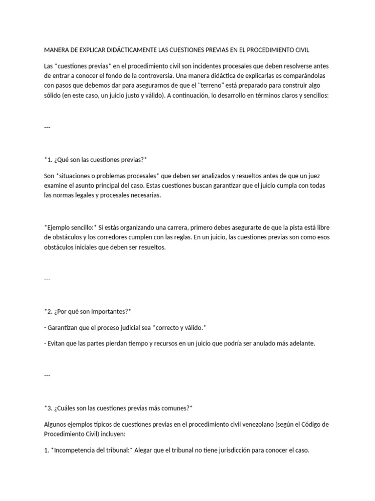 Cuestiones Previas en Procedimiento Civil | PDF | Procedimiento Civil ...