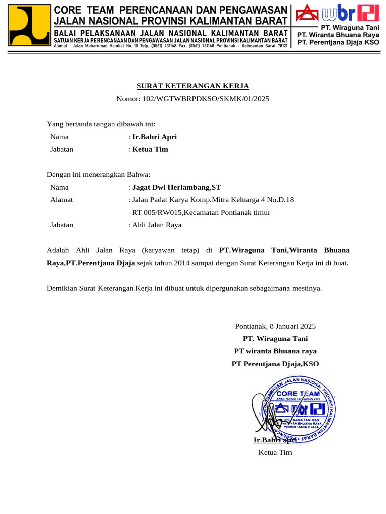 Surat Keterangan Kerja Ahli Jalan Raya | PDF