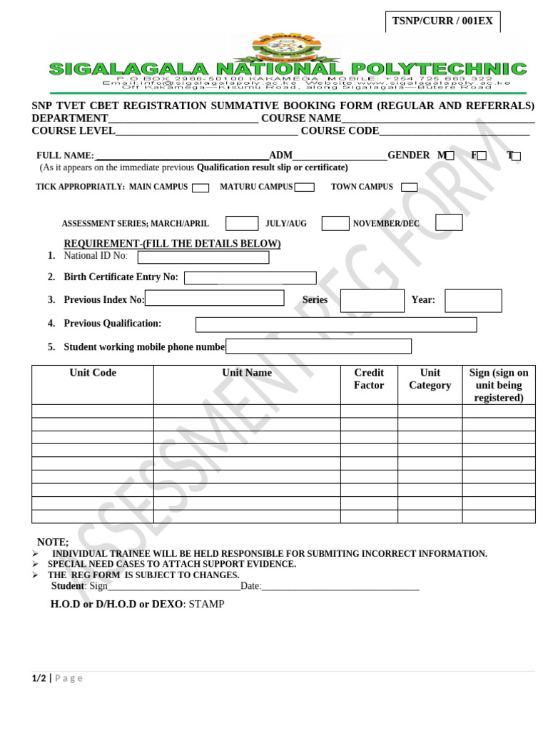 TVET SNP CBET REG FORM 2025 | PDF