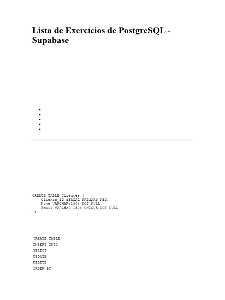 18 - Lista de Exercícios de PostgreSQL - BASICO | PDF | SQL | Tabela ...