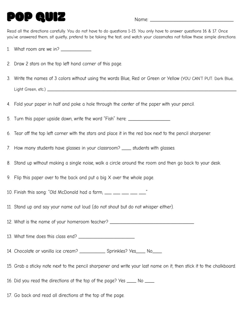Pop Quiz Instructions and Directions | PDF