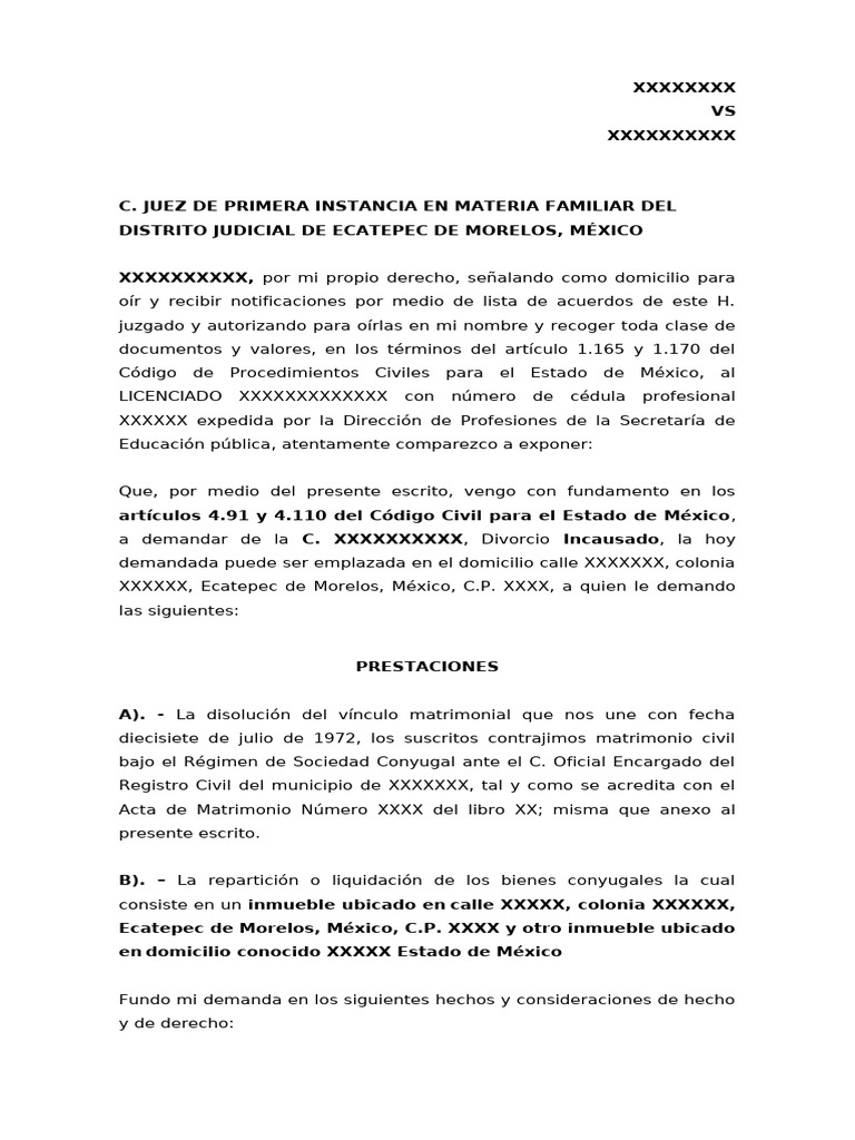 Formato Demanda Divorcio Estado de Mexico | PDF | Divorcio | Instituciones sociales