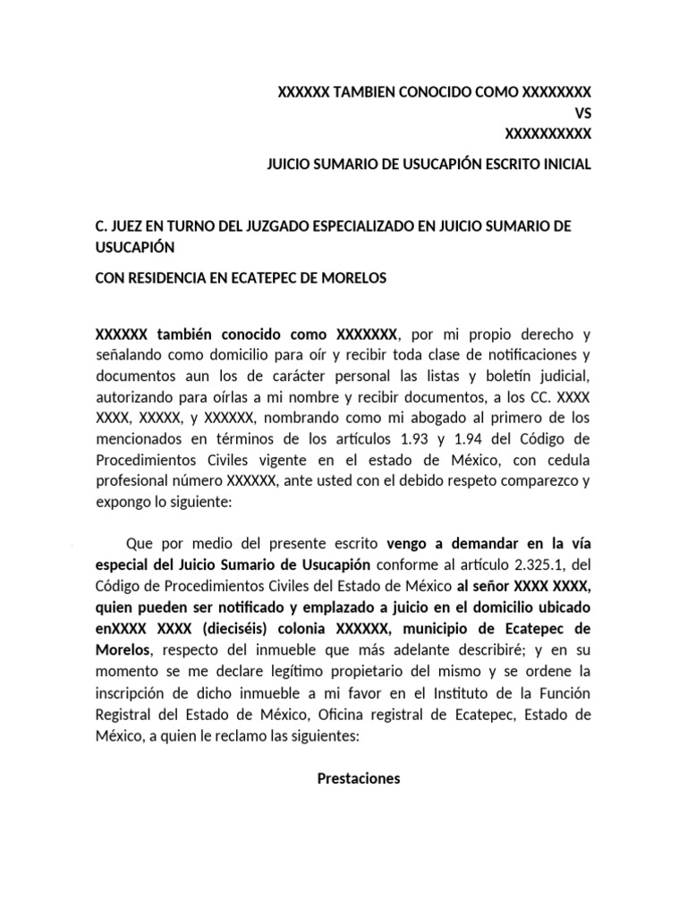 Formato Juicio Sumario Usucapión | PDF | Demanda judicial | México