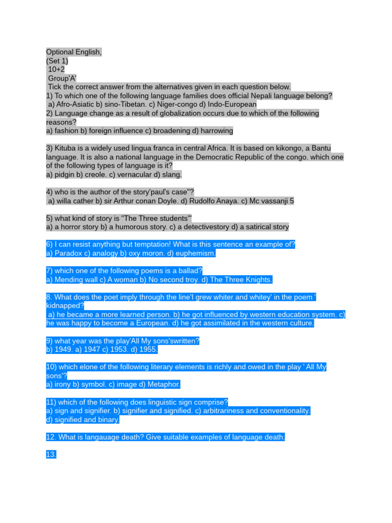 Class 10 Optional English Quiz | PDF