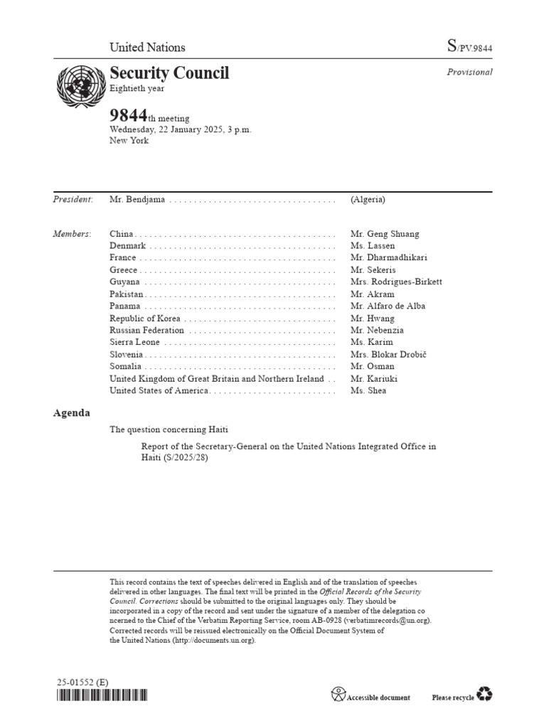 The United Nations Meeting #9844 | PDF | Haiti | Smuggling
