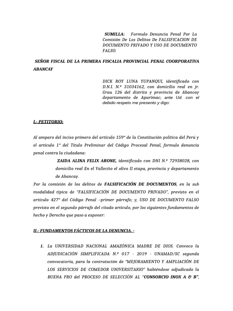 Denuncia Por Falsificacion de Documentos | PDF | Ley común | Justicia