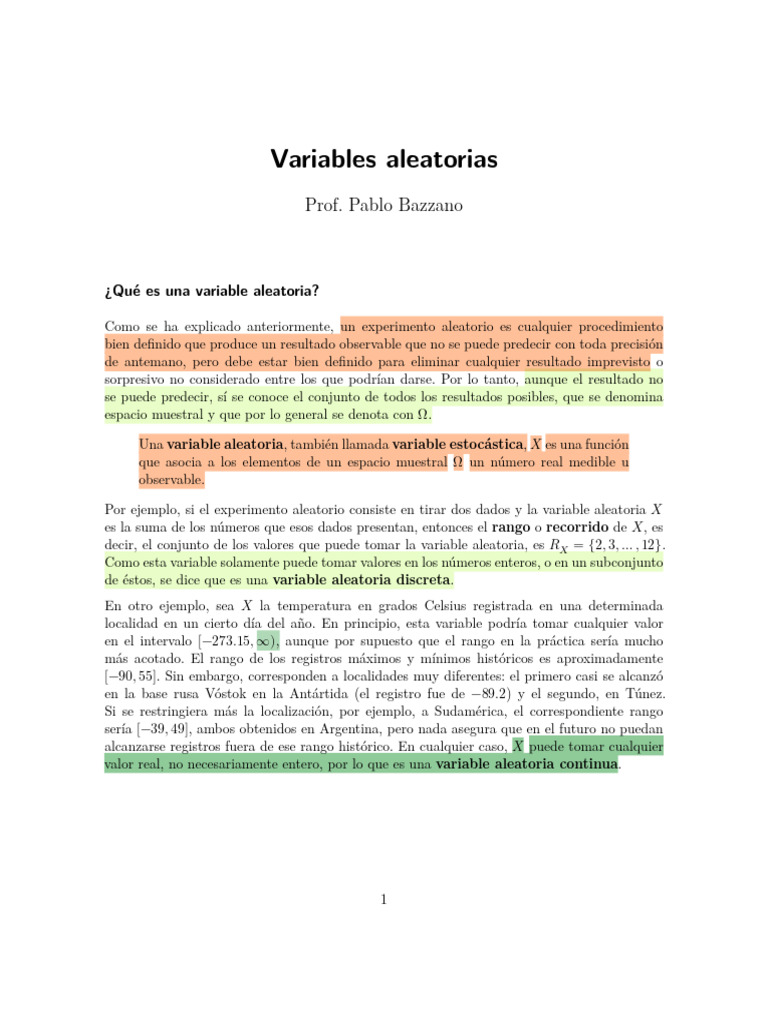 Variables-Aleatorias 1 Resumen | PDF | Variable aleatoria | Teoría de probabilidad