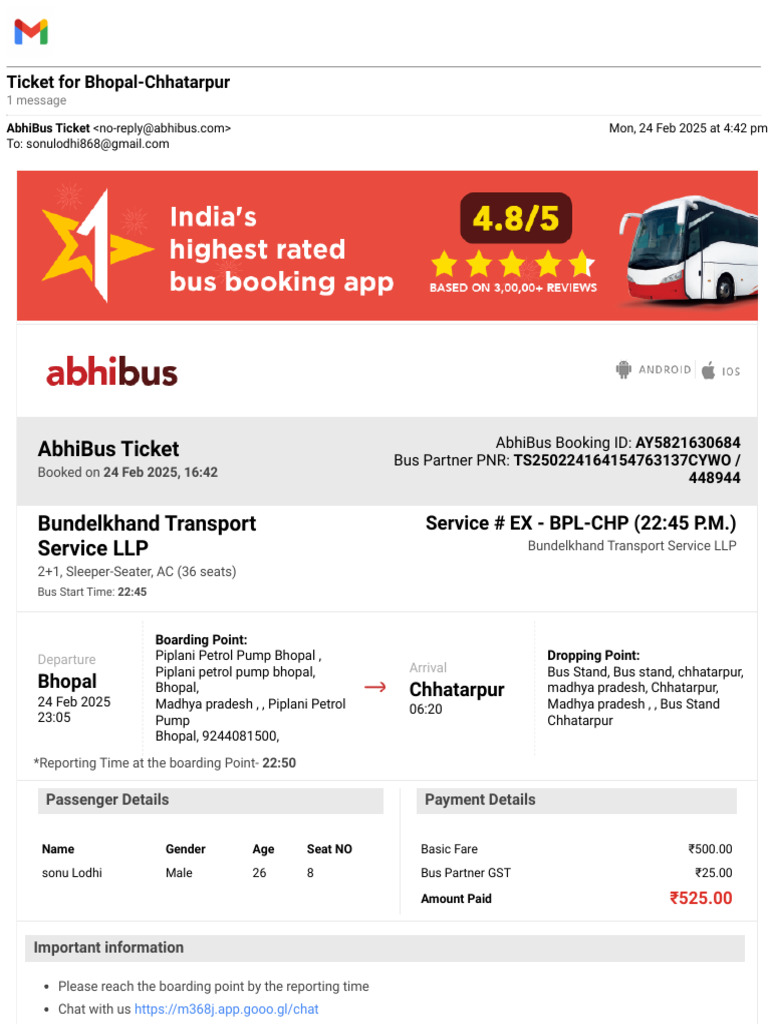 Gmail - Ticket For Bhopal-Chhatarpur | PDF
