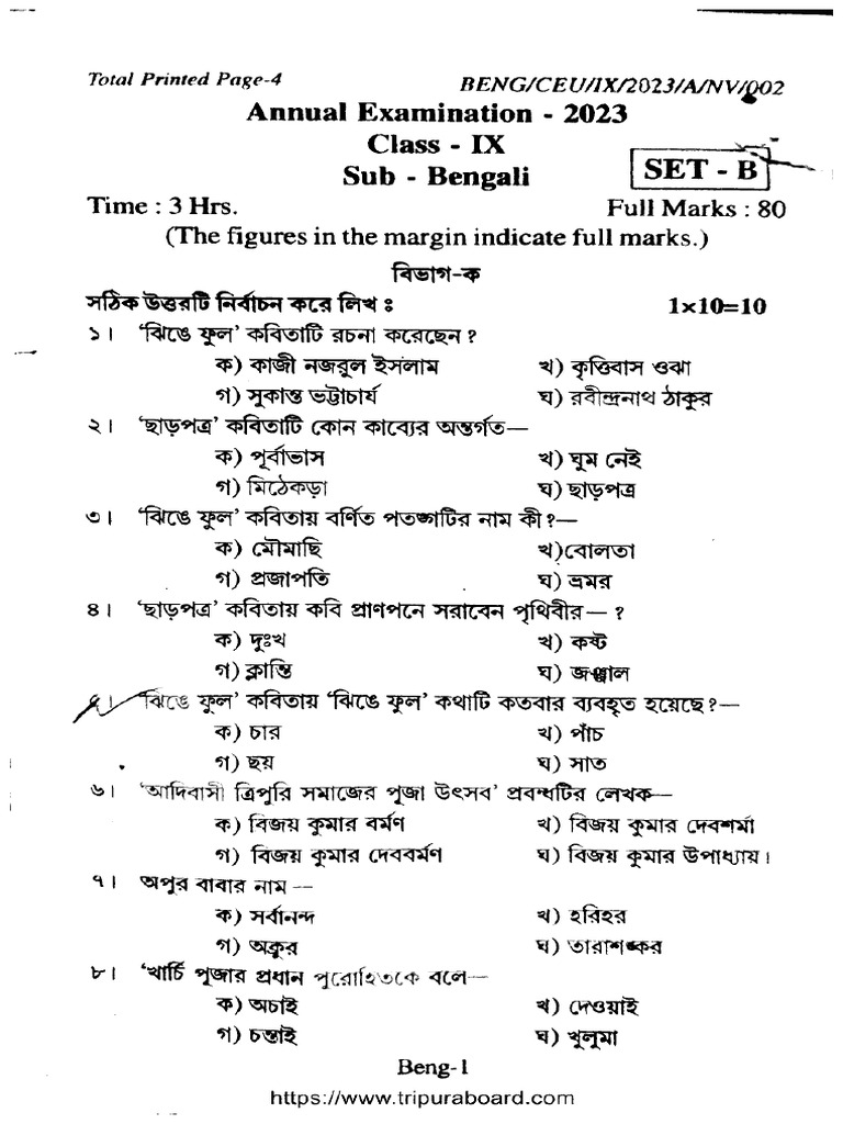Tbse Class 9 Bengali NV 002 Set B 271024 2023 | PDF