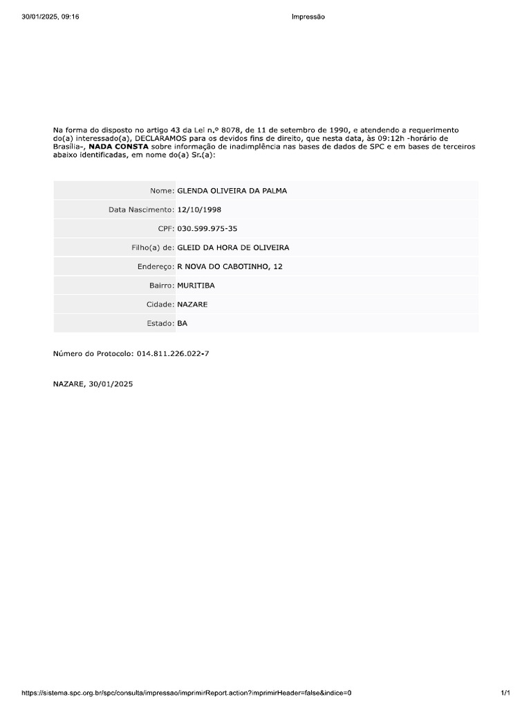 Consulta Spc Glenda | PDF