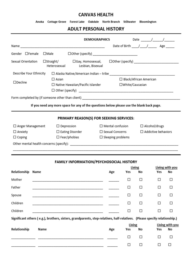 Intake Form Adult-Personal-History | PDF | Marriage | Mental Disorder