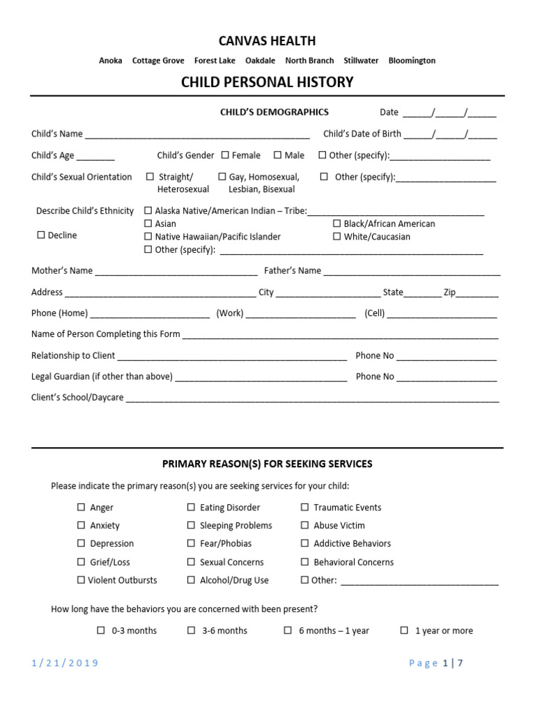 INTAKE FORM CHILD-PERSONAL-history-form | PDF | Child Abuse | Child Care