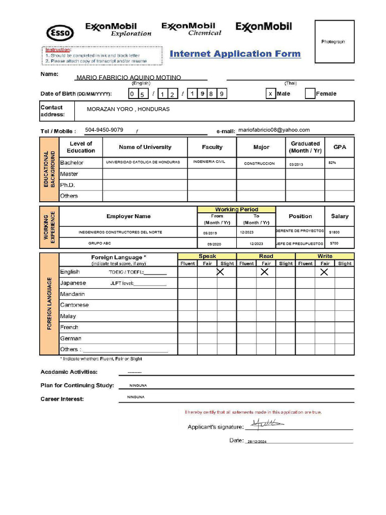 Exxon Mobil Corp Application Form - MARIO AQUINO | PDF