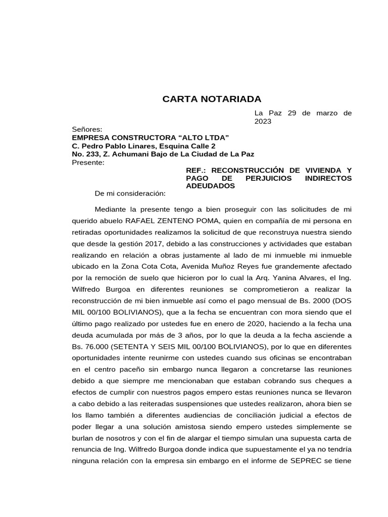 Carta Notariada Henrry Zenteno | PDF