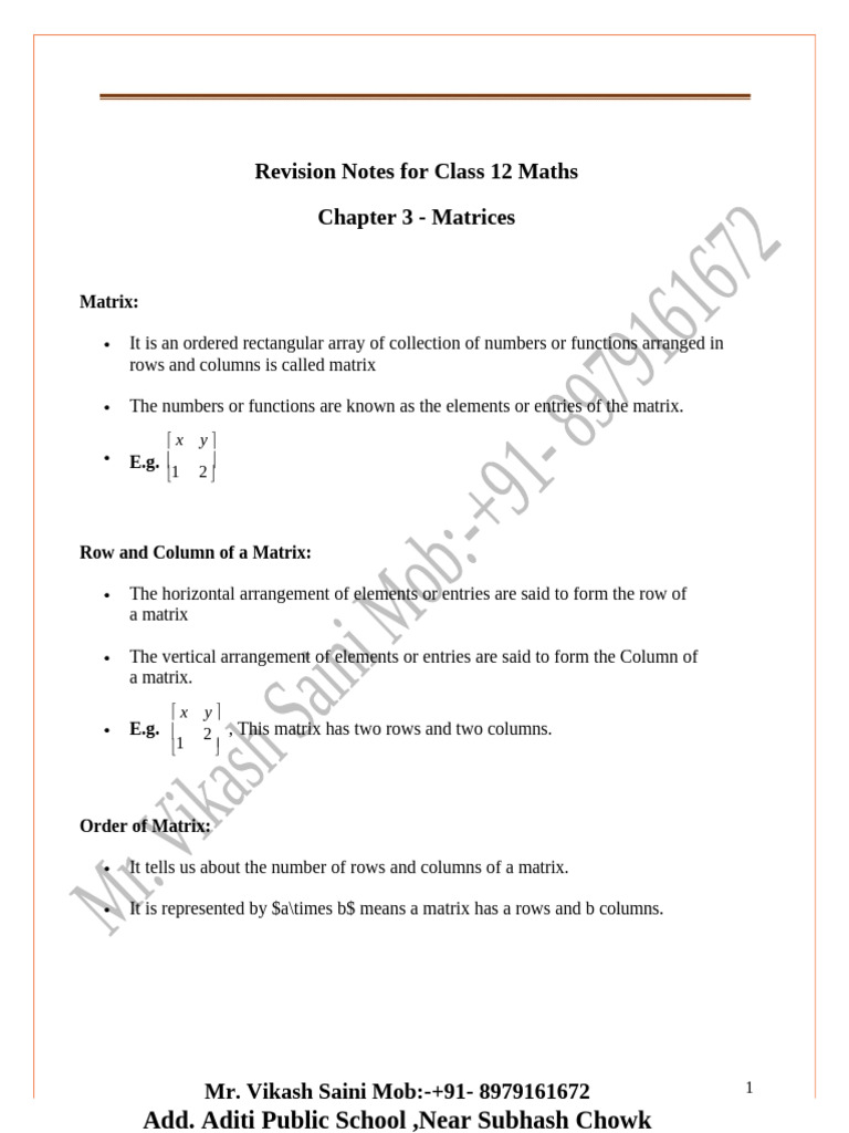Chapter 3 Matrices Class 12 | PDF | Matrix (Mathematics) | Abstract Algebra