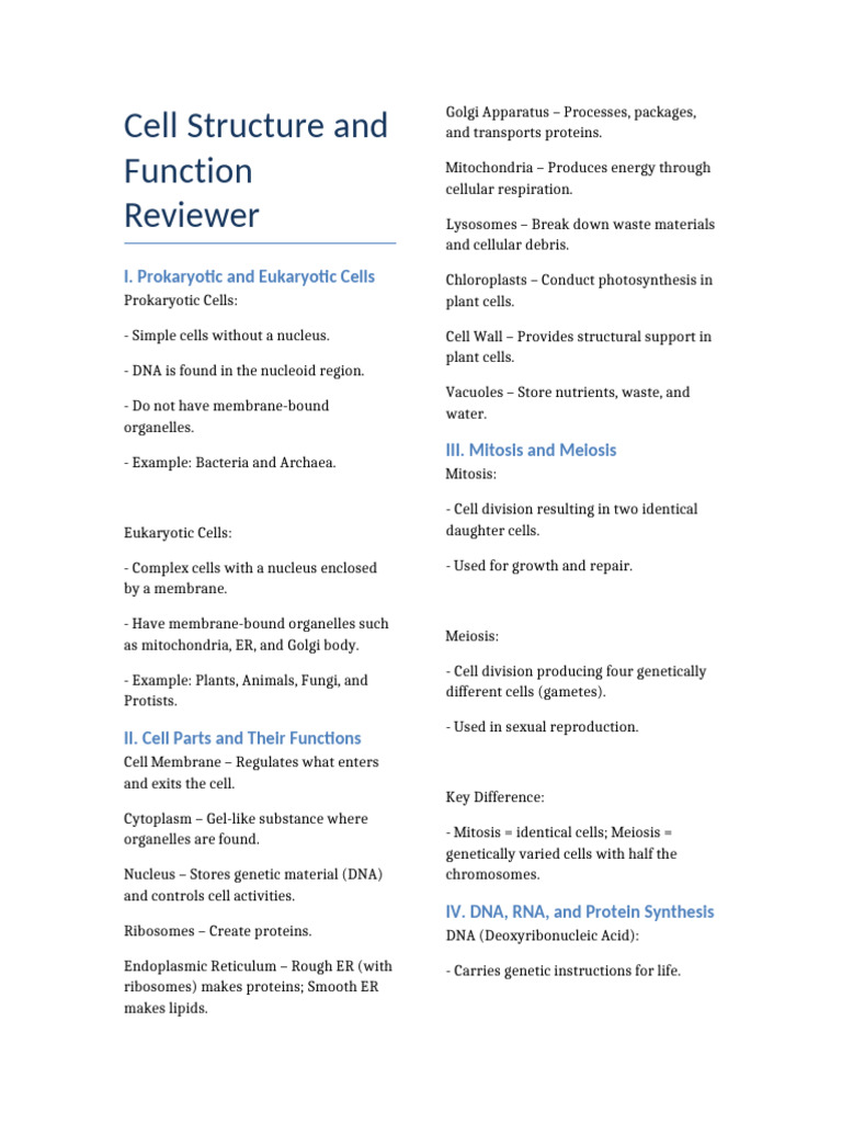 Expanded Cell Structure and Function Reviewer | PDF | Cell (Biology) | Endoplasmic Reticulum
