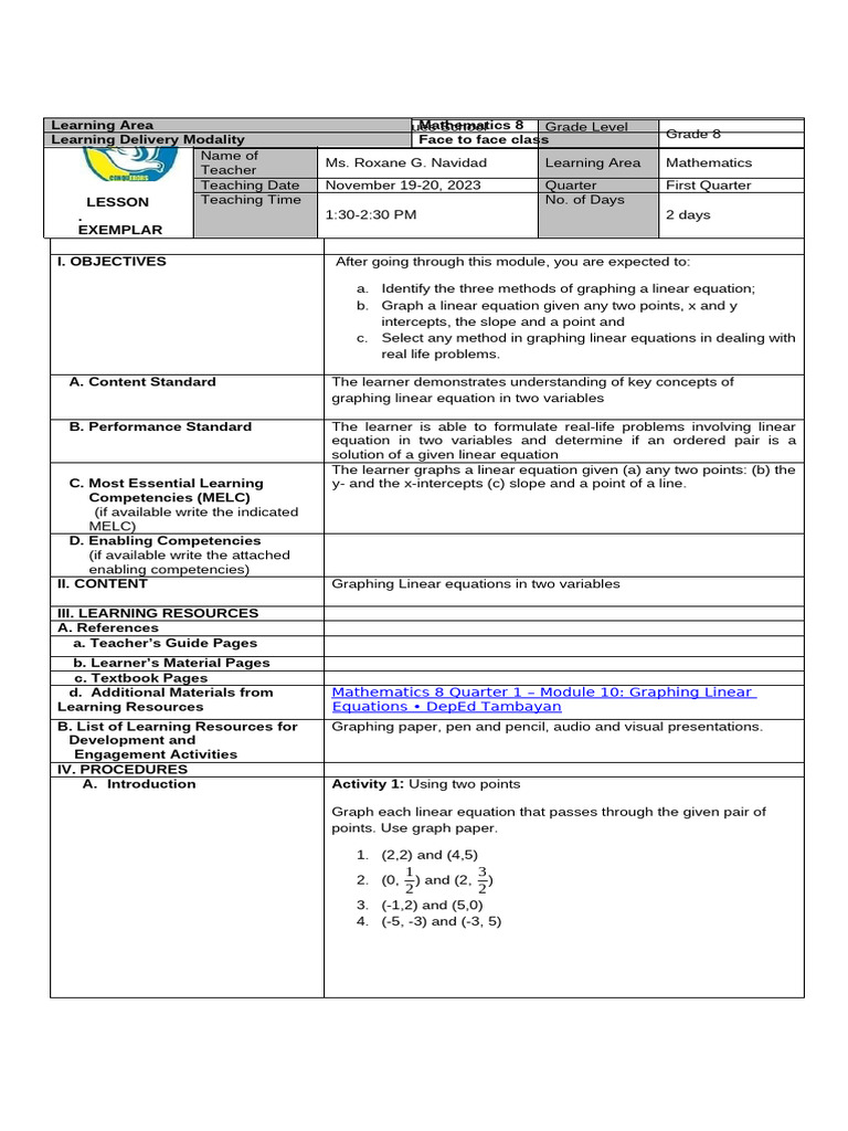 LESSON PLAN - 04-Graphing Linear Equations in Two Variables | PDF ...