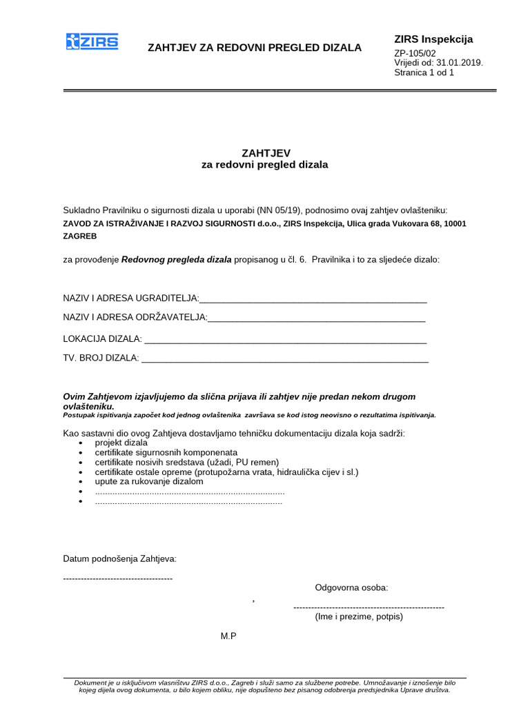 ZP-105 Zahtjev Za Redovni Pregled Dizala | PDF