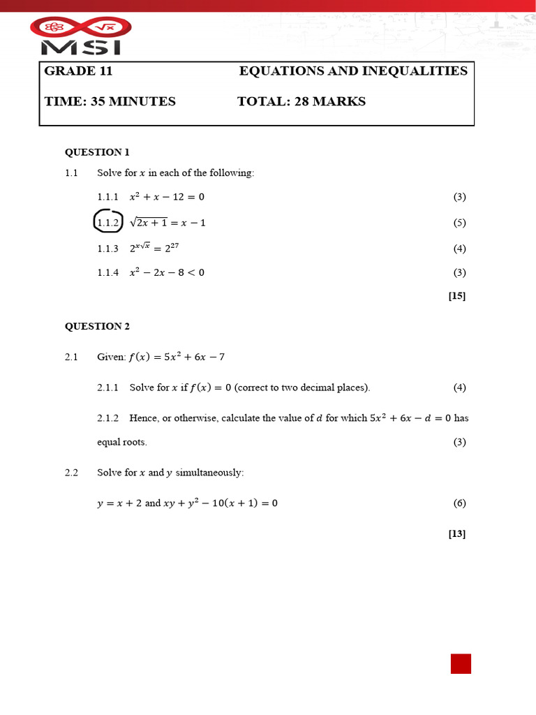 Grade 11 Equations and Inequalities Test 2 | PDF