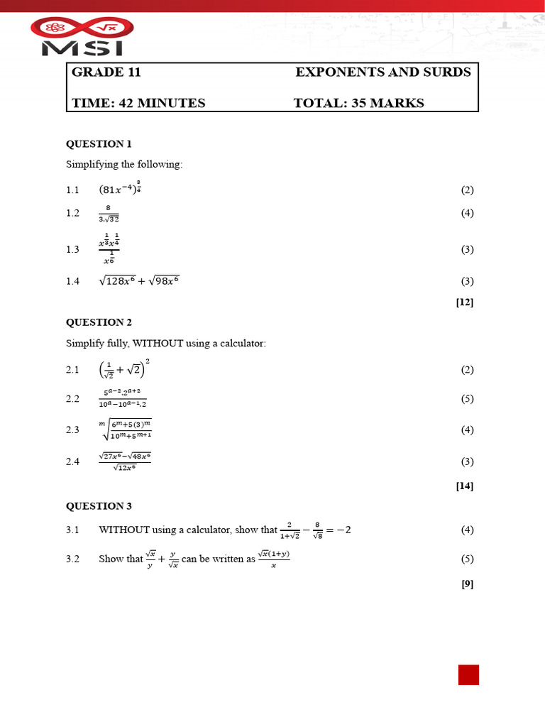 Grade 11 Exponents and Surds Exam | PDF