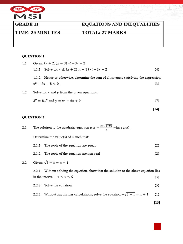 Grade 11 Equations and Inequalities Test 3 | PDF