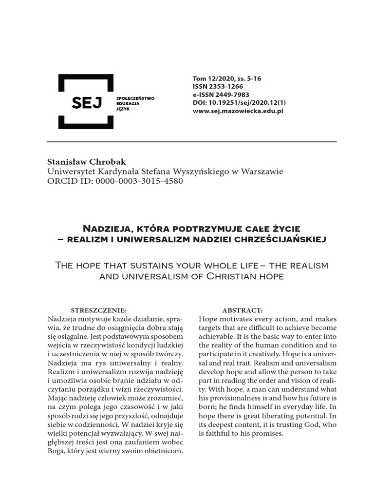 Nadzieja, Która Podtrzymuje Całe Życie - Realizm I Uniwersalizm Nadziei Chrześcijańskiej ...