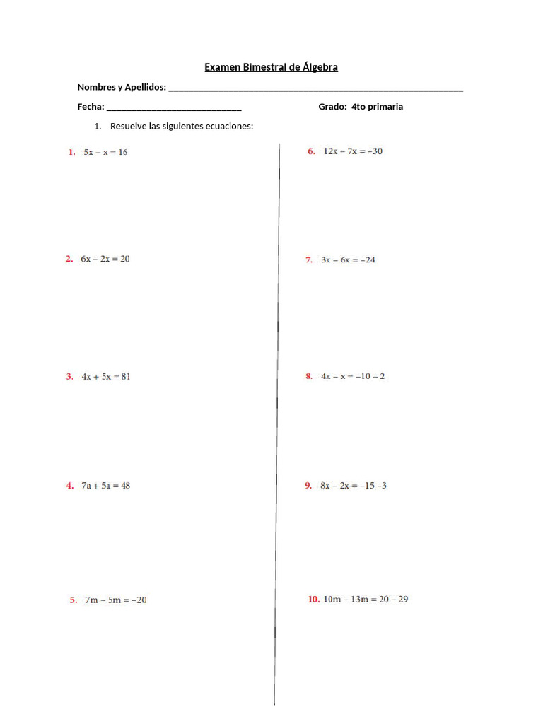Examen de Álgebra 4to Bimestre | PDF