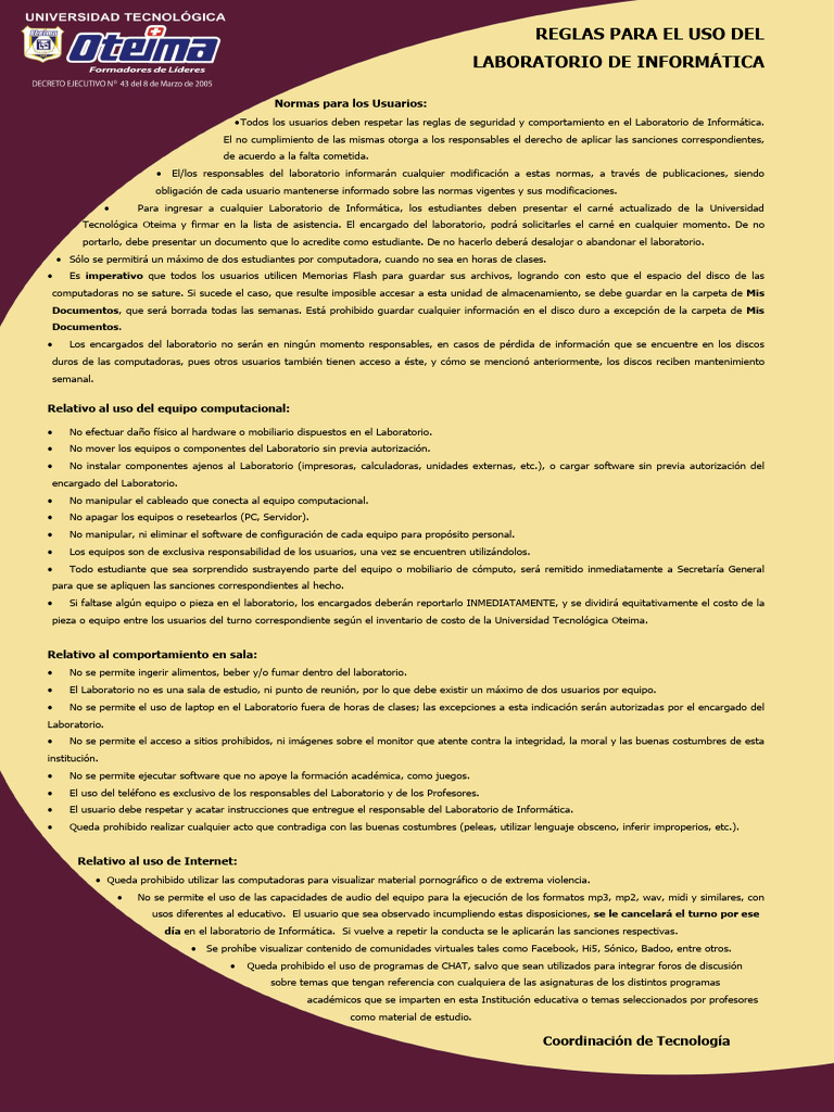 Reglas Uso Lab - Informatica | PDF | Laboratorios | Archivo de computadora