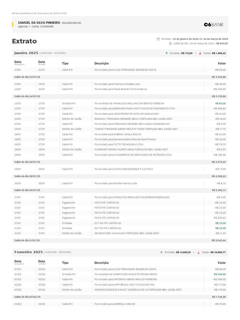 Extrato C6 Bank - EXTRATOS SAMUEL | PDF | Finanças pessoais | Bancos