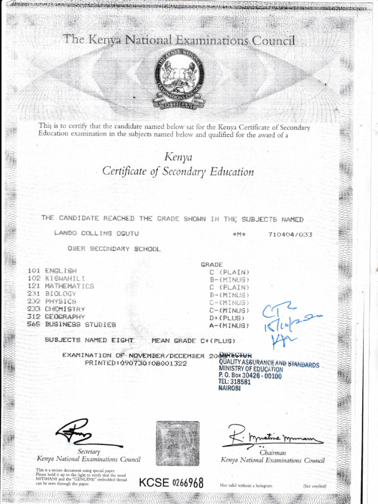 KCSE Examination Certificate Details | PDF