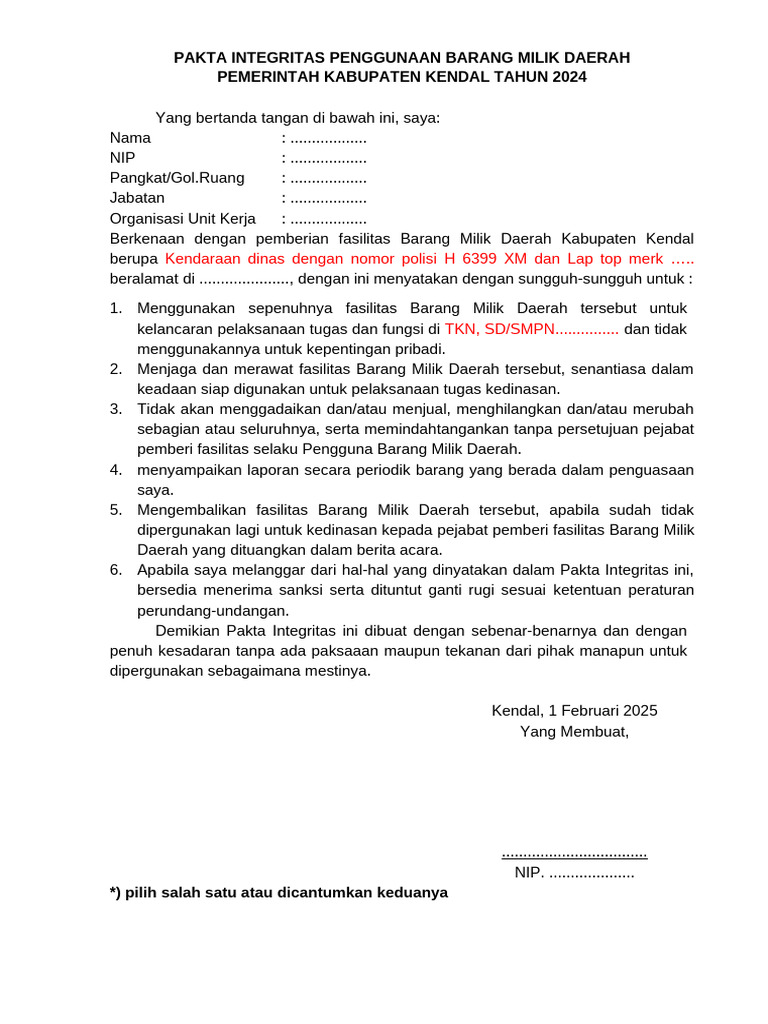 Form Pakta Integritas BMD 2025 | PDF