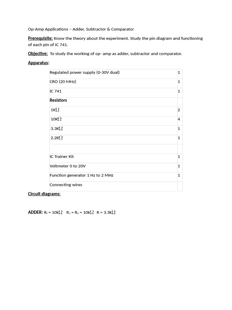 Adder Subtractor Opamp | PDF | Operational Amplifier | Electrical ...