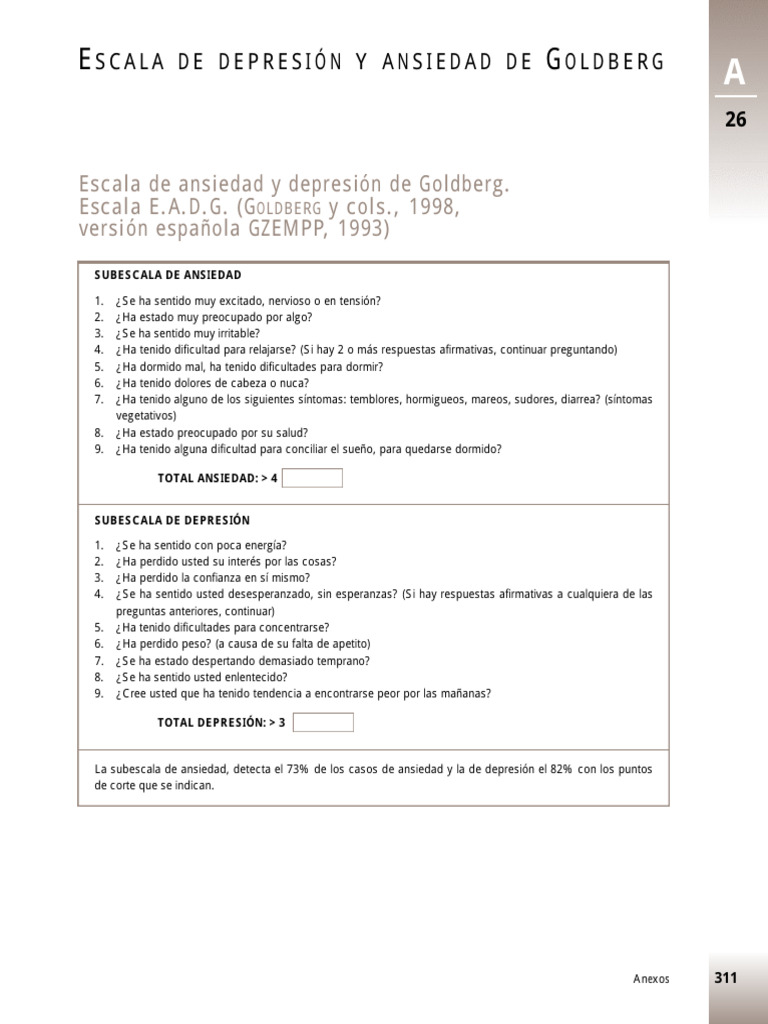 Escala de ansiedad y depresión de Goldberg | PDF | Depresión (estado de ...