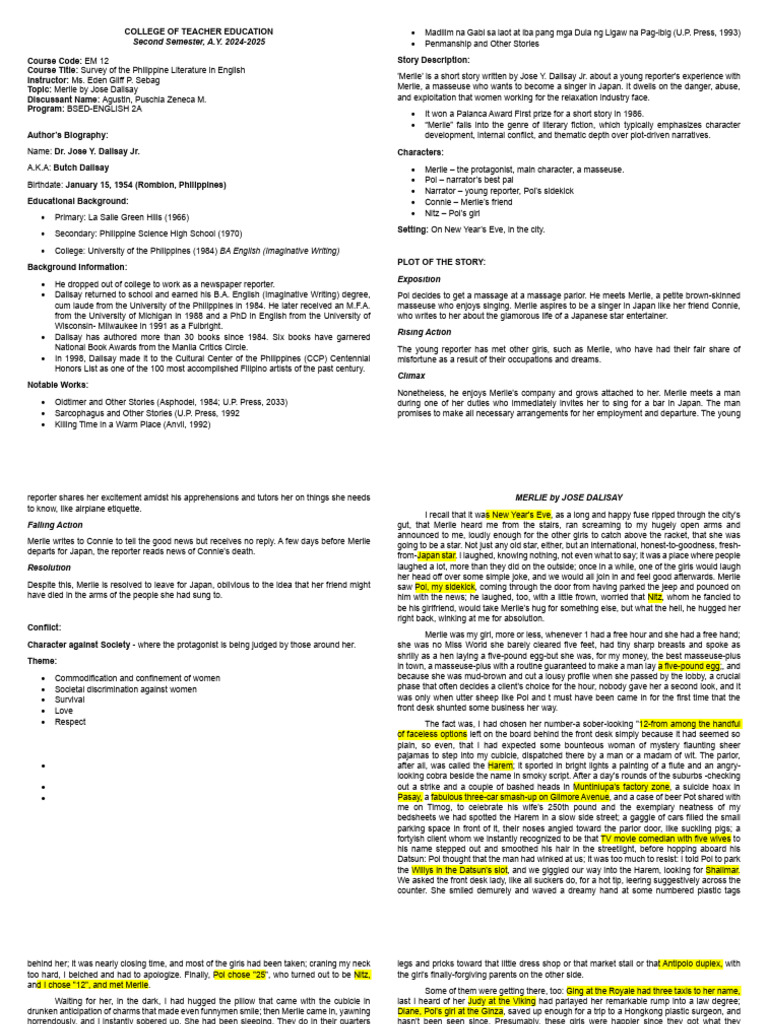 Merlie: A Study of Jose Dalisay's Fiction | PDF