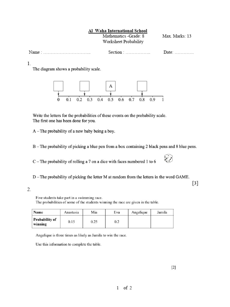 Probability Worksheet-2 (2024-25) | PDF