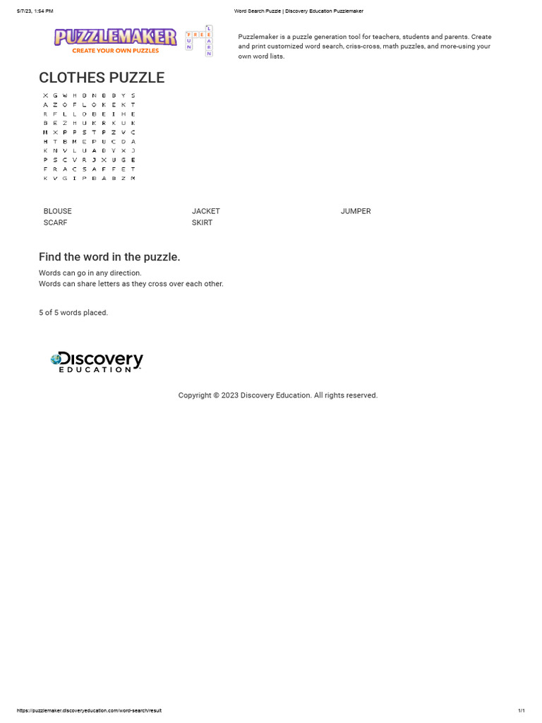 Word Search Puzzle - Discovery Education Puzzlemaker | PDF