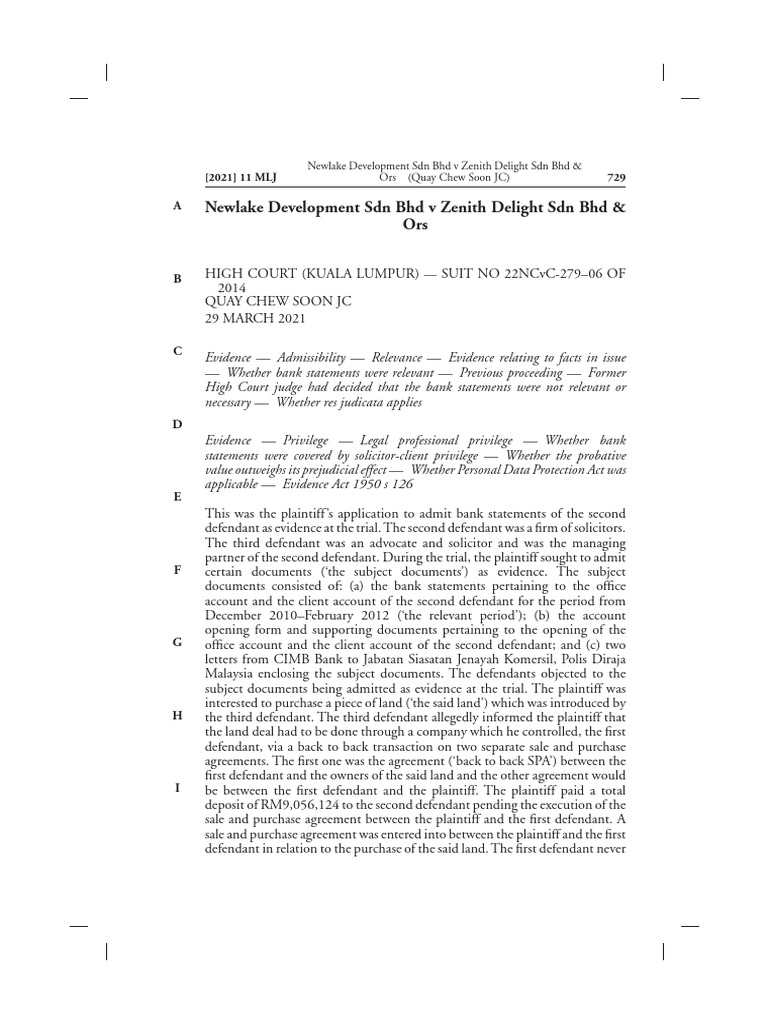 Newlake Development SDN BHD V Zenith Delight SDN BHD & Ors | PDF ...