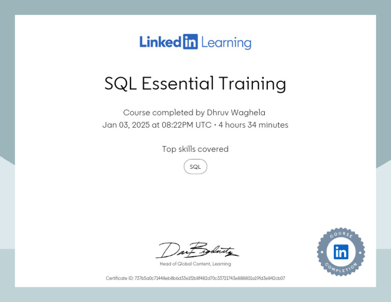 SQL Essential Training Completion Certificate | PDF