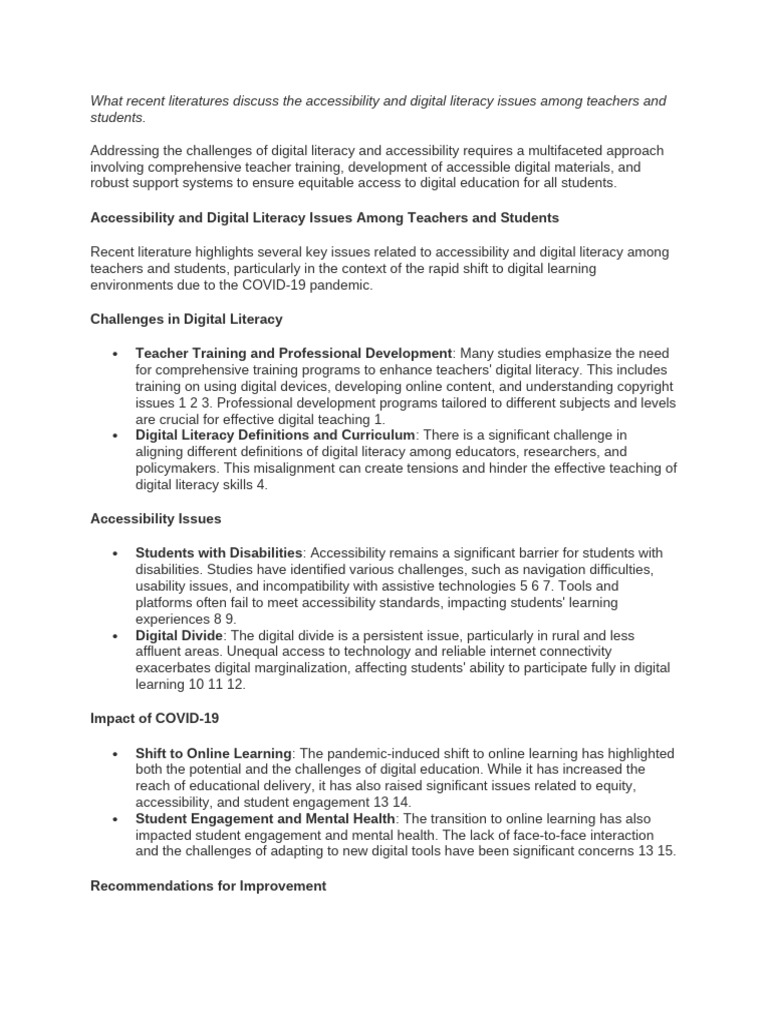 Accessibility and Digital Literacy Issues Among Teachers and Students ...