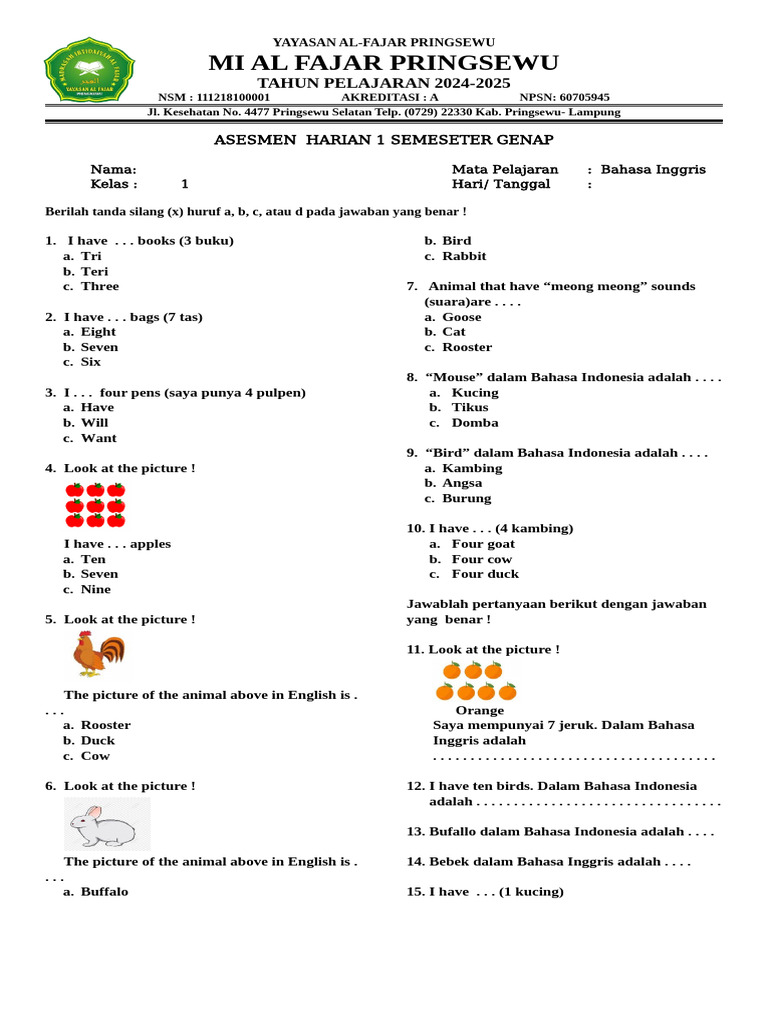Penilaian Harian Kelas 1 MI Al-Fajar | PDF